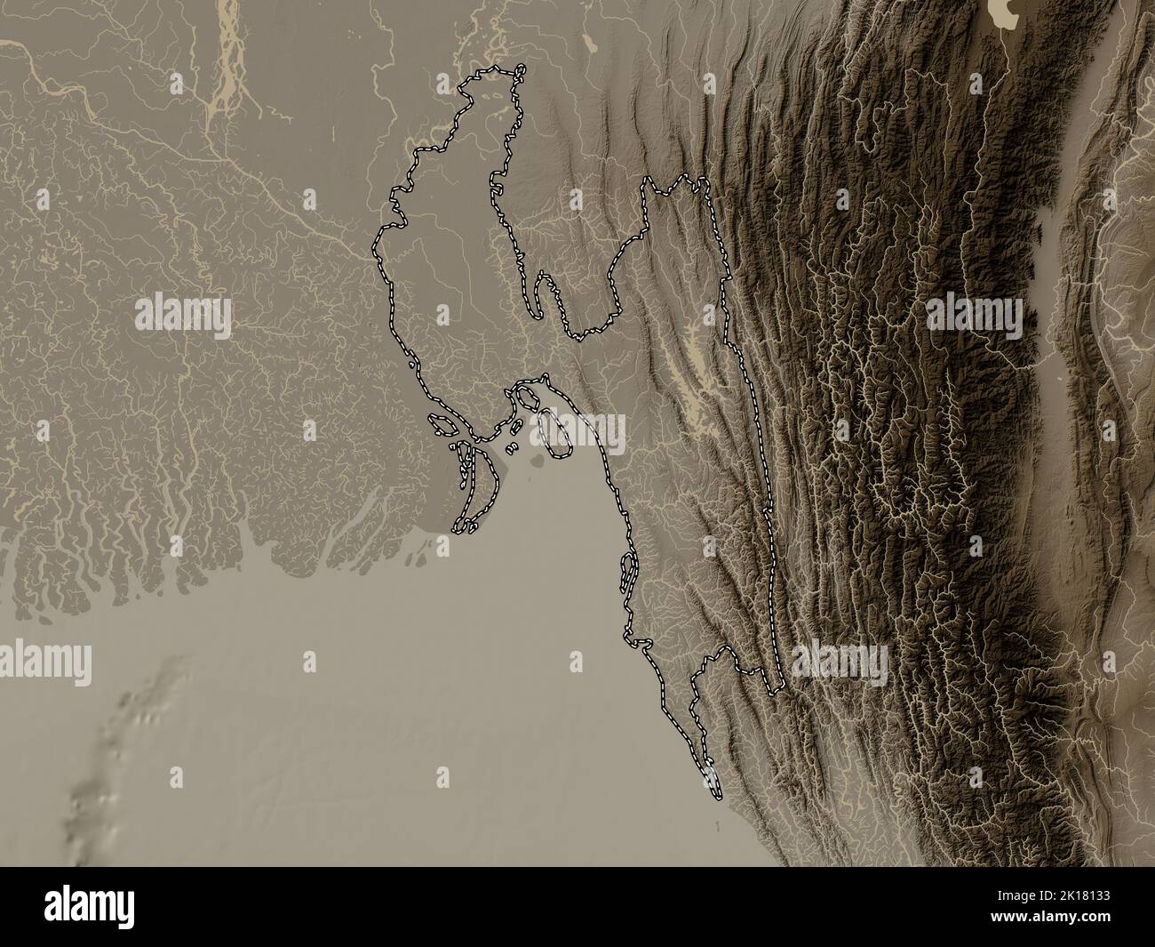 Chittagong, division of Bangladesh. Elevation map colored in sepia ...