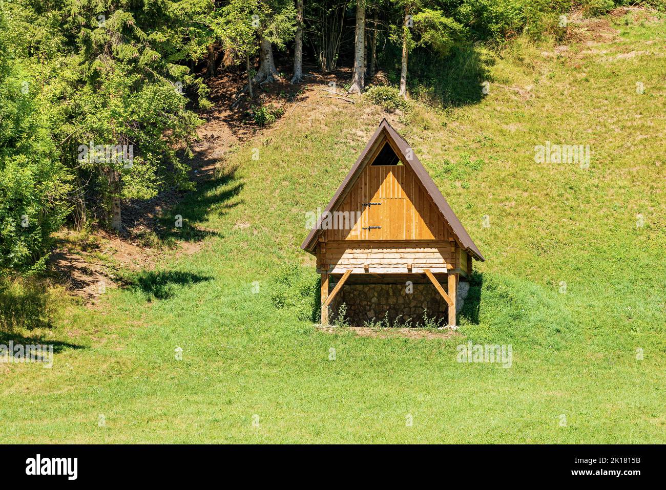 Traditional wooden barn on a green meadow, Julian Alps, Triglav ...