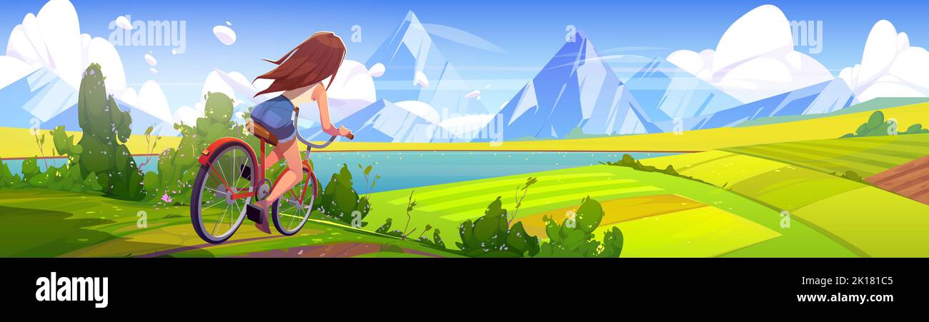 Woman riding bicycle cartoon illustration. Vector image of young female ...