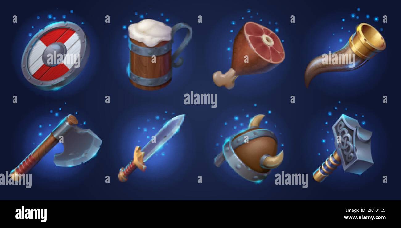 Viking weapons, shield, helmet, food and bugle horn. Vector cartoon set ...