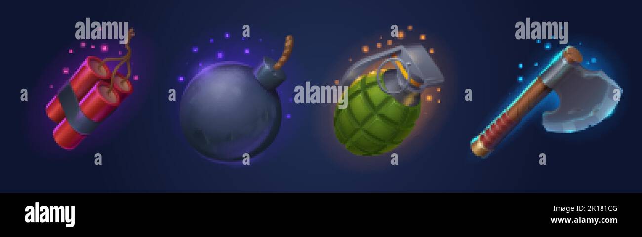 Game props icons of bomb, dynamite, grenade and old axe. Game ui ...