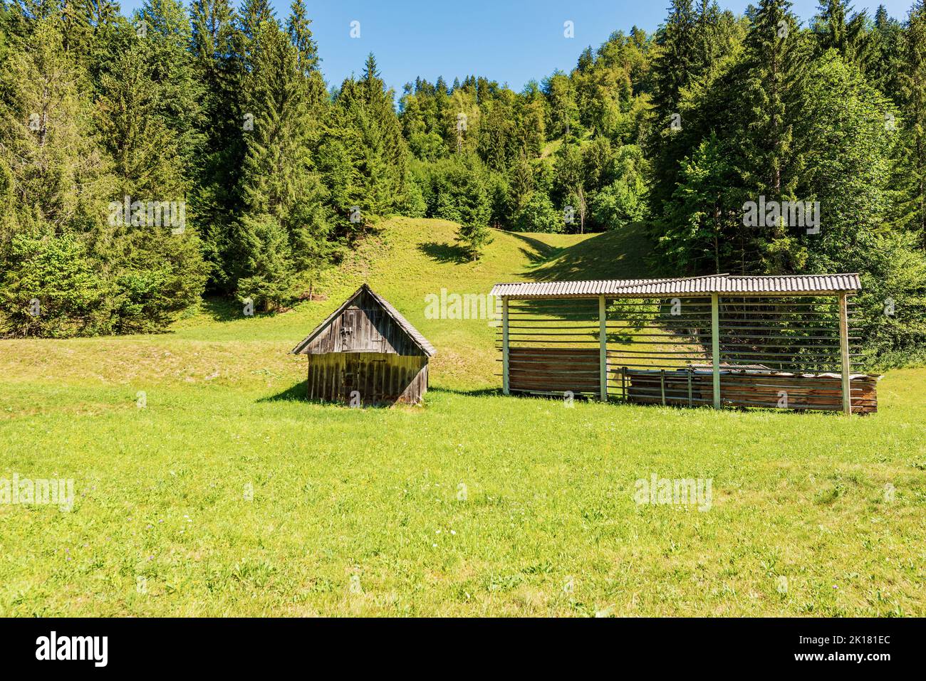 Old traditional vertical hay rack and wooden barn on a green meadow ...