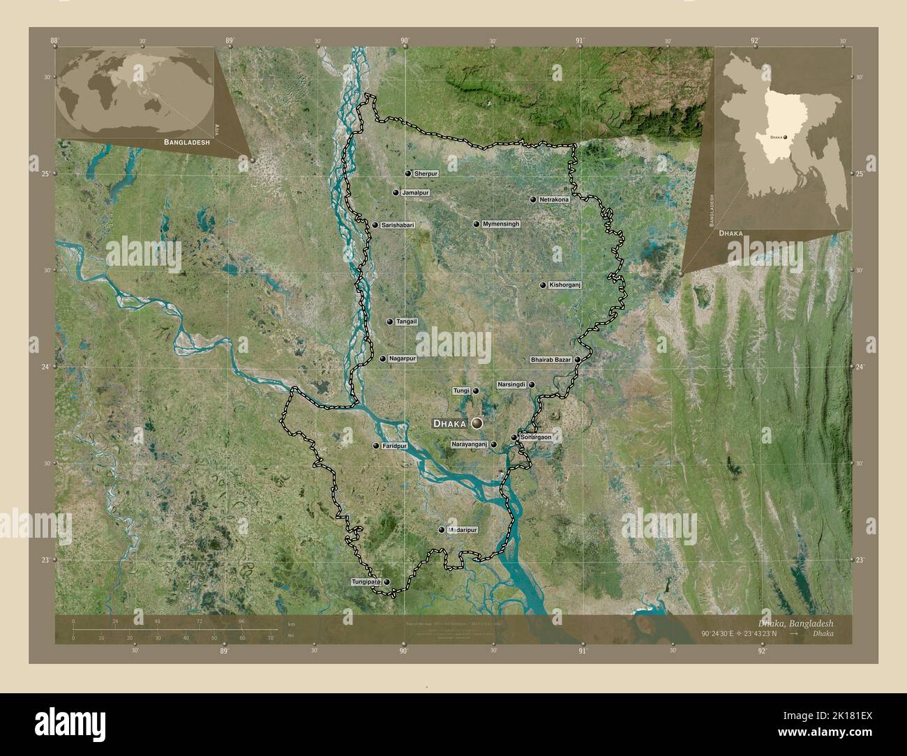 Dhaka, division of Bangladesh. High resolution satellite map. Locations ...