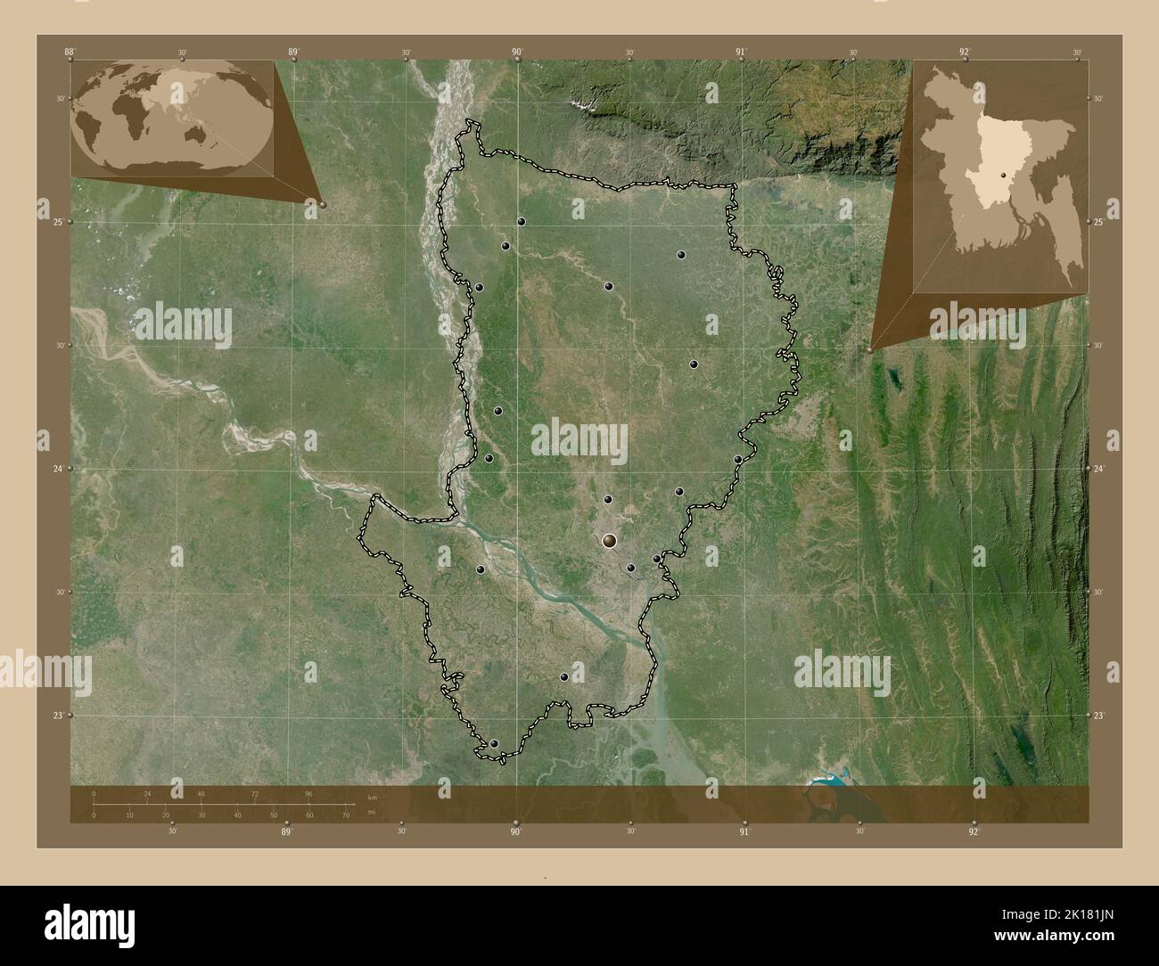 Dhaka, division of Bangladesh. Low resolution satellite map. Locations ...