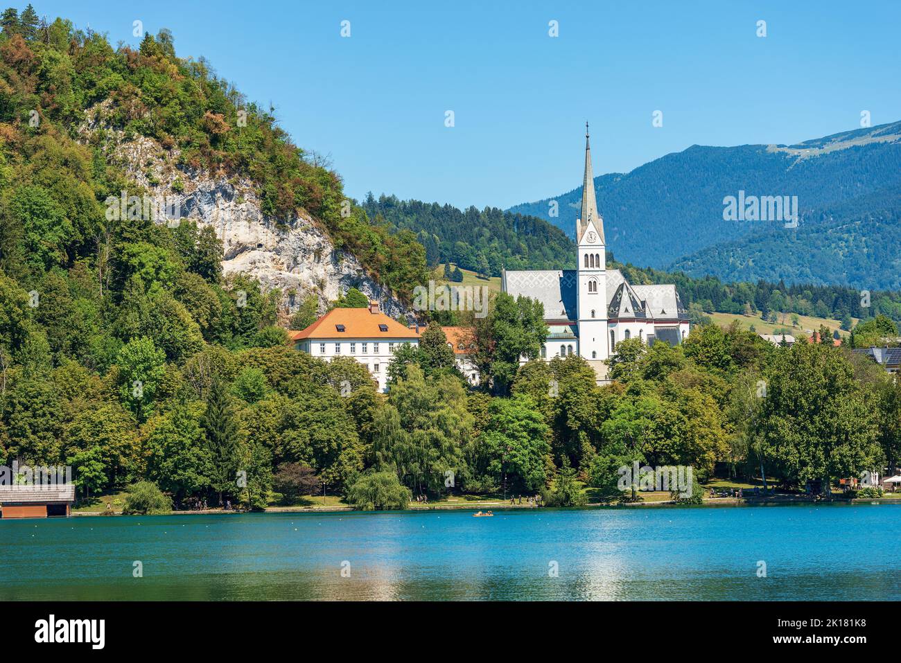 Lake Bled and Saint Martina Parish Church in Gothic Revival or neo ...