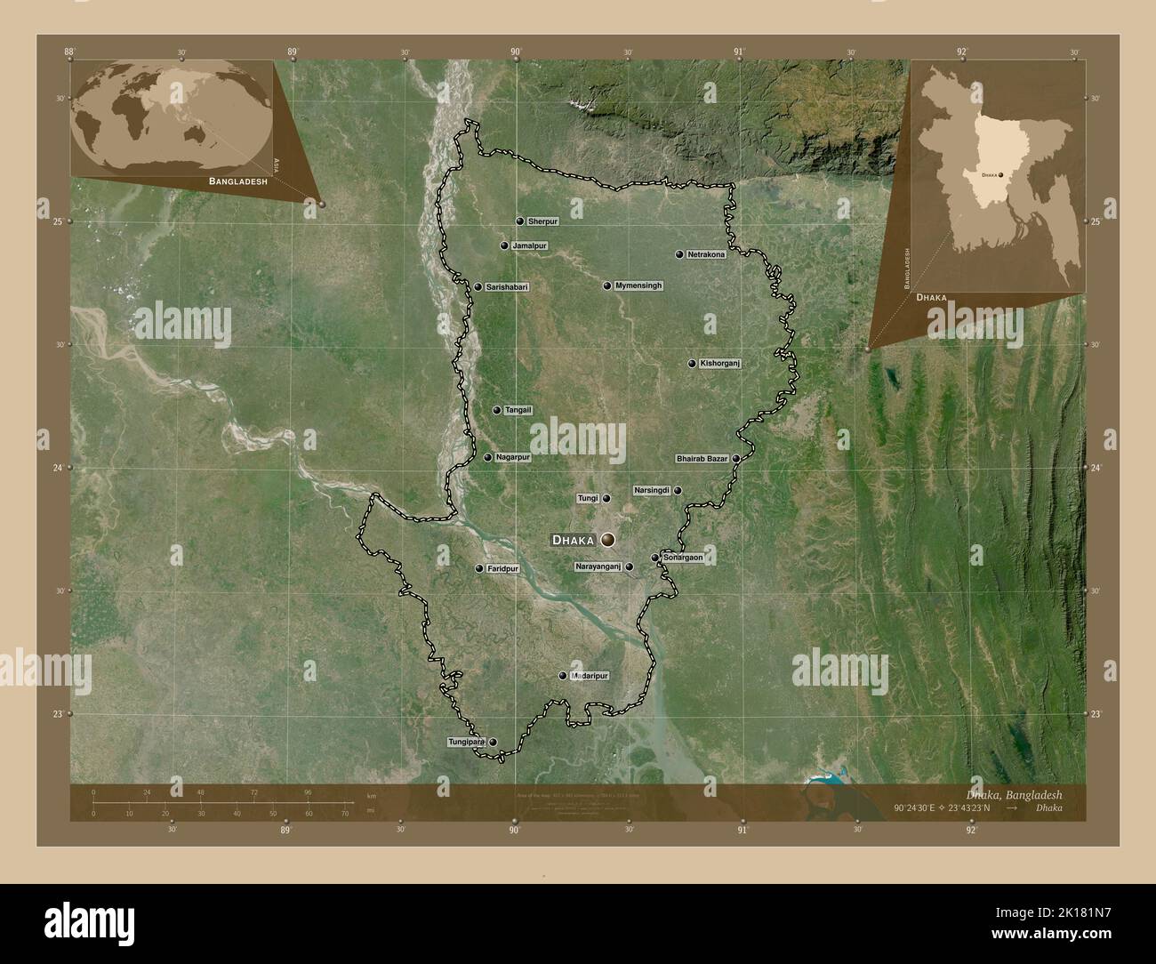 Dhaka, division of Bangladesh. Low resolution satellite map. Locations ...
