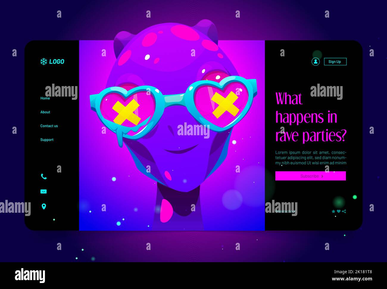 Rave party landing page template. Contemporary cartoon alien character ...