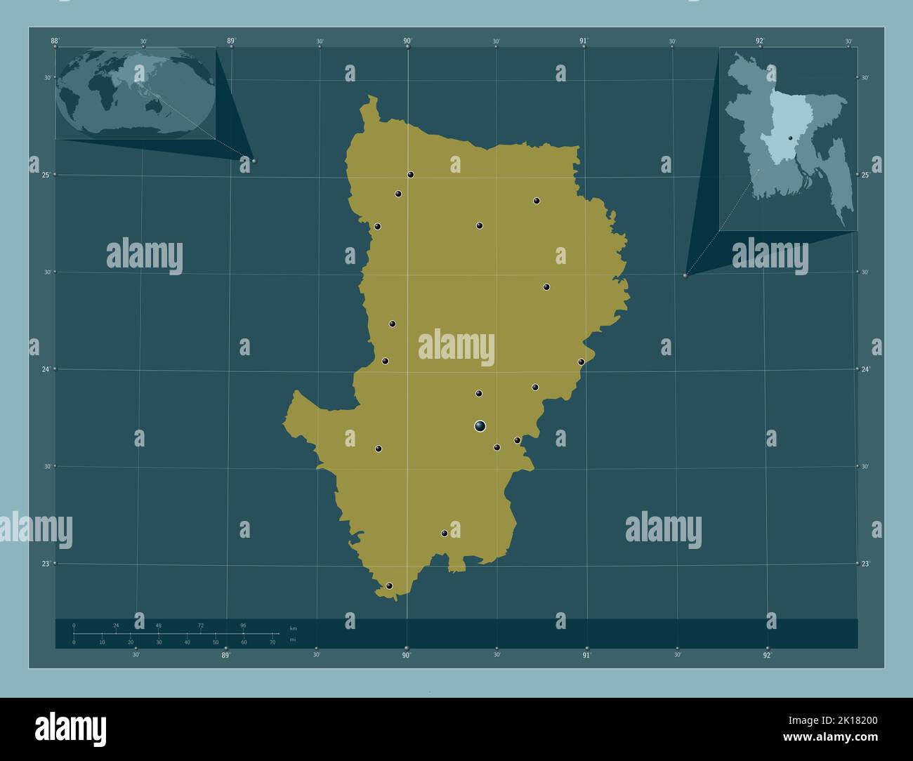 Dhaka, division of Bangladesh. Solid color shape. Locations of major ...