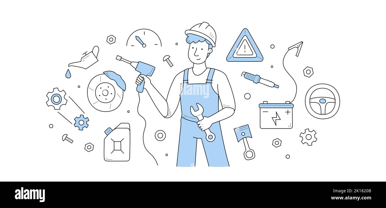 Car service doodle concept. Mechanic character dressed in overalls hold ...