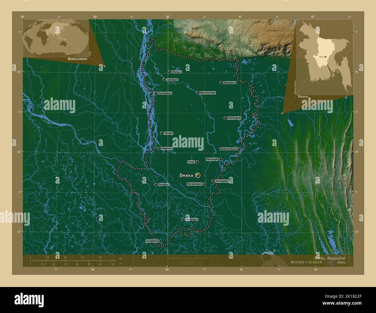 Dhaka, division of Bangladesh. Colored elevation map with lakes and ...