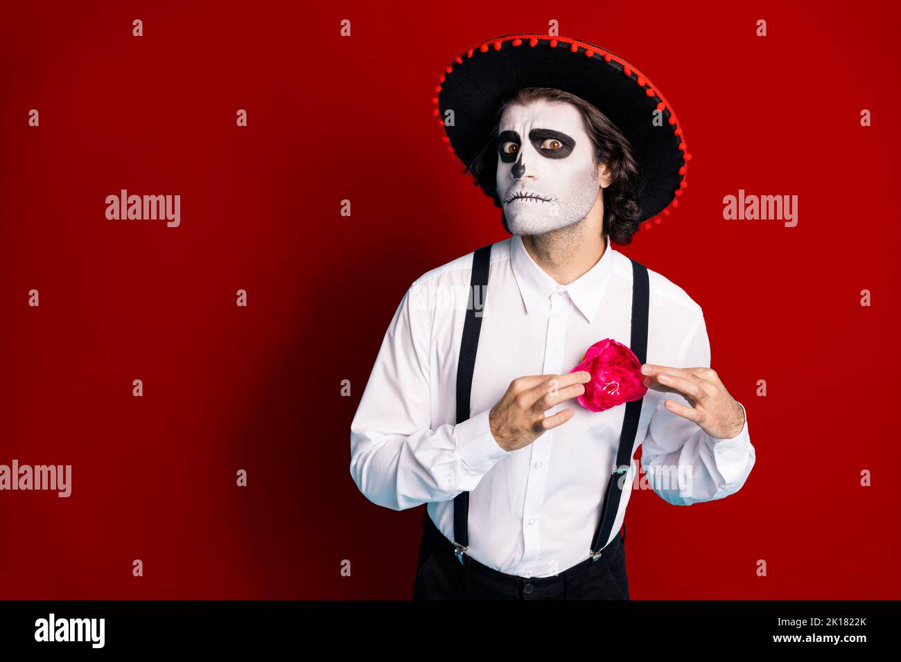 Portrait of his he handsome spooky imposing guy zombie gentleman ...