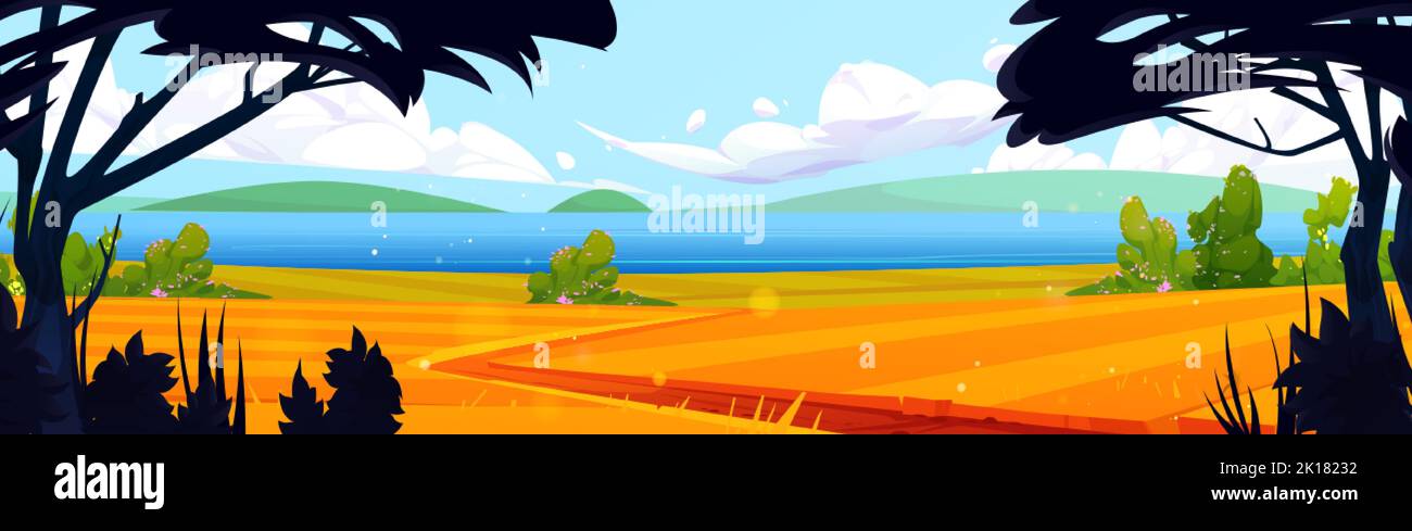 Yellow field with footpath leading to river. Cartoon illustration of ...