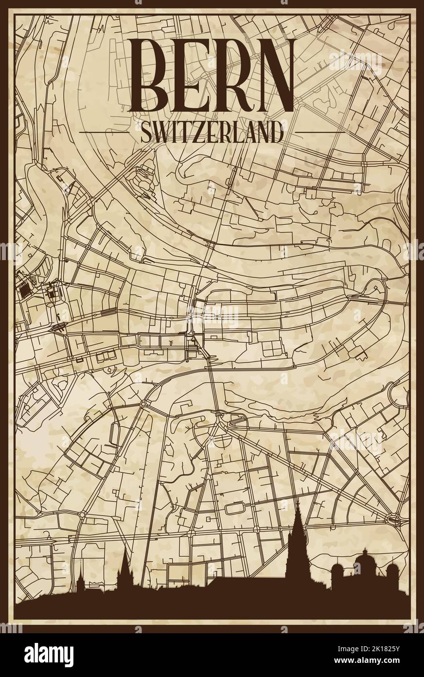 Framed downtown streets network printout map of BERN, SWITZERLAND Stock ...