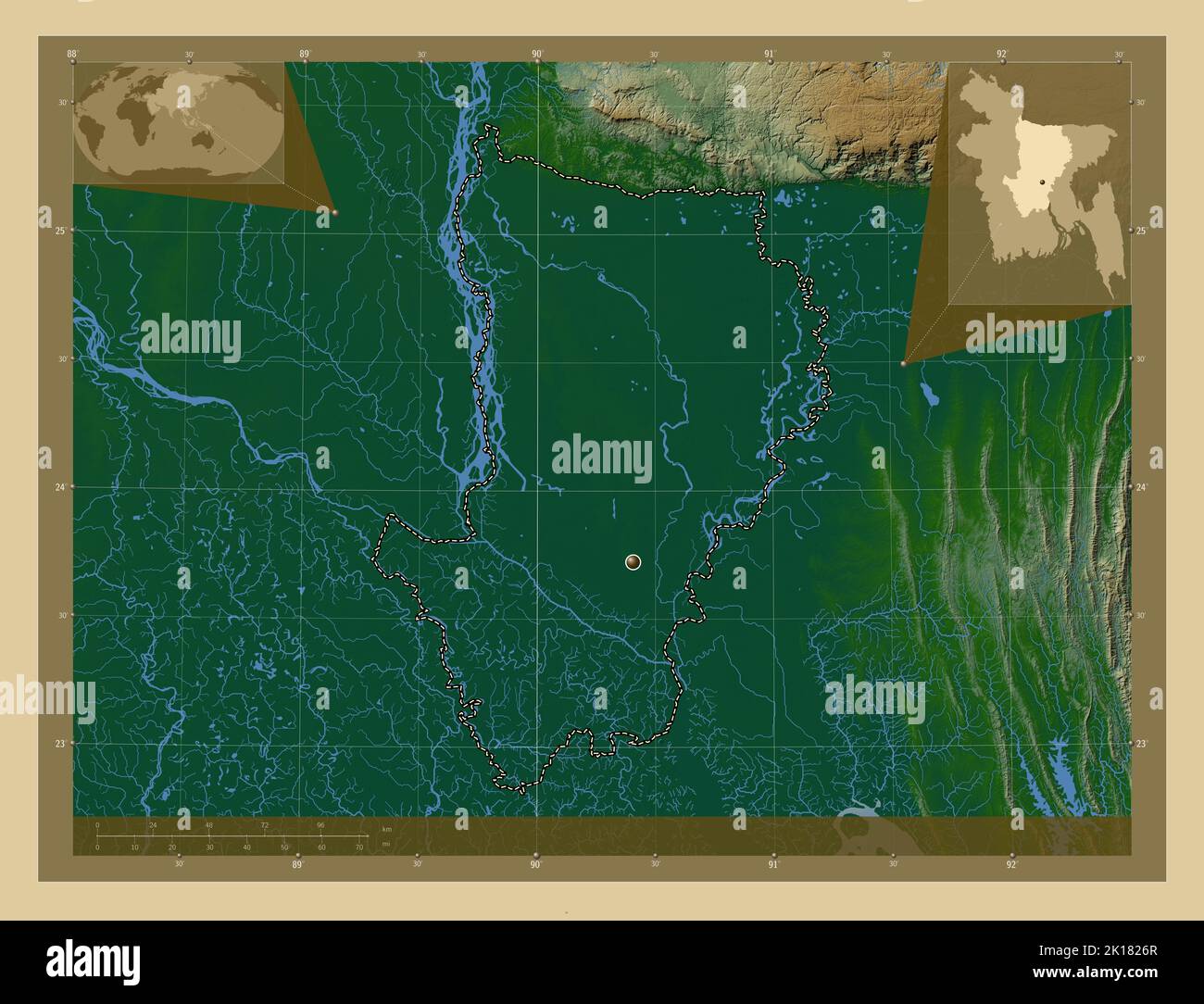 Dhaka, division of Bangladesh. Colored elevation map with lakes and ...