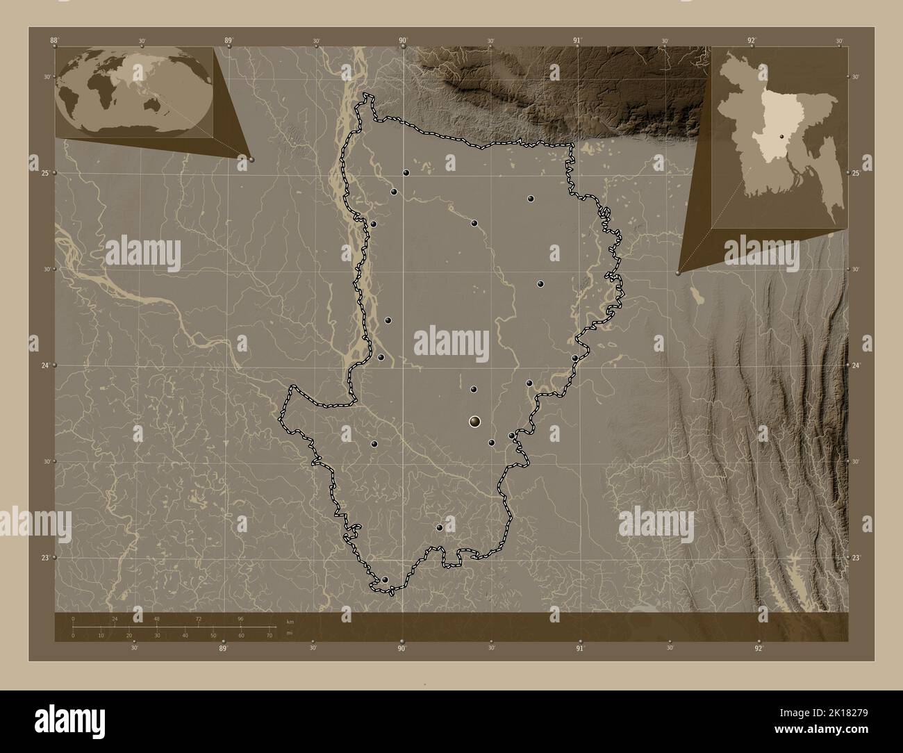 Dhaka, division of Bangladesh. Elevation map colored in sepia tones ...