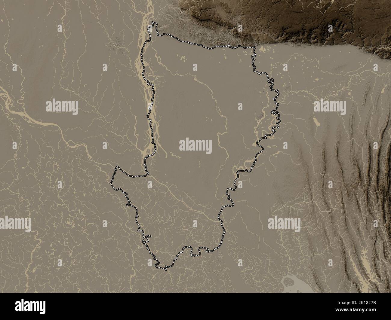 Dhaka, division of Bangladesh. Elevation map colored in sepia tones ...