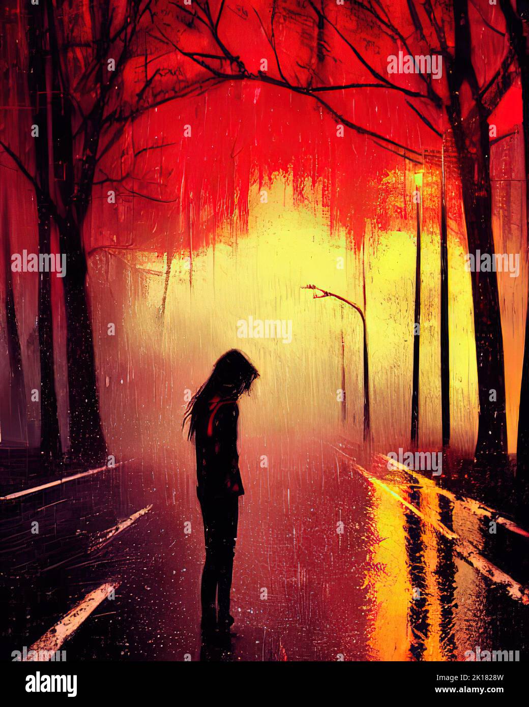 Abstract silhouette of sad people standing on a lonely forest road. In ...