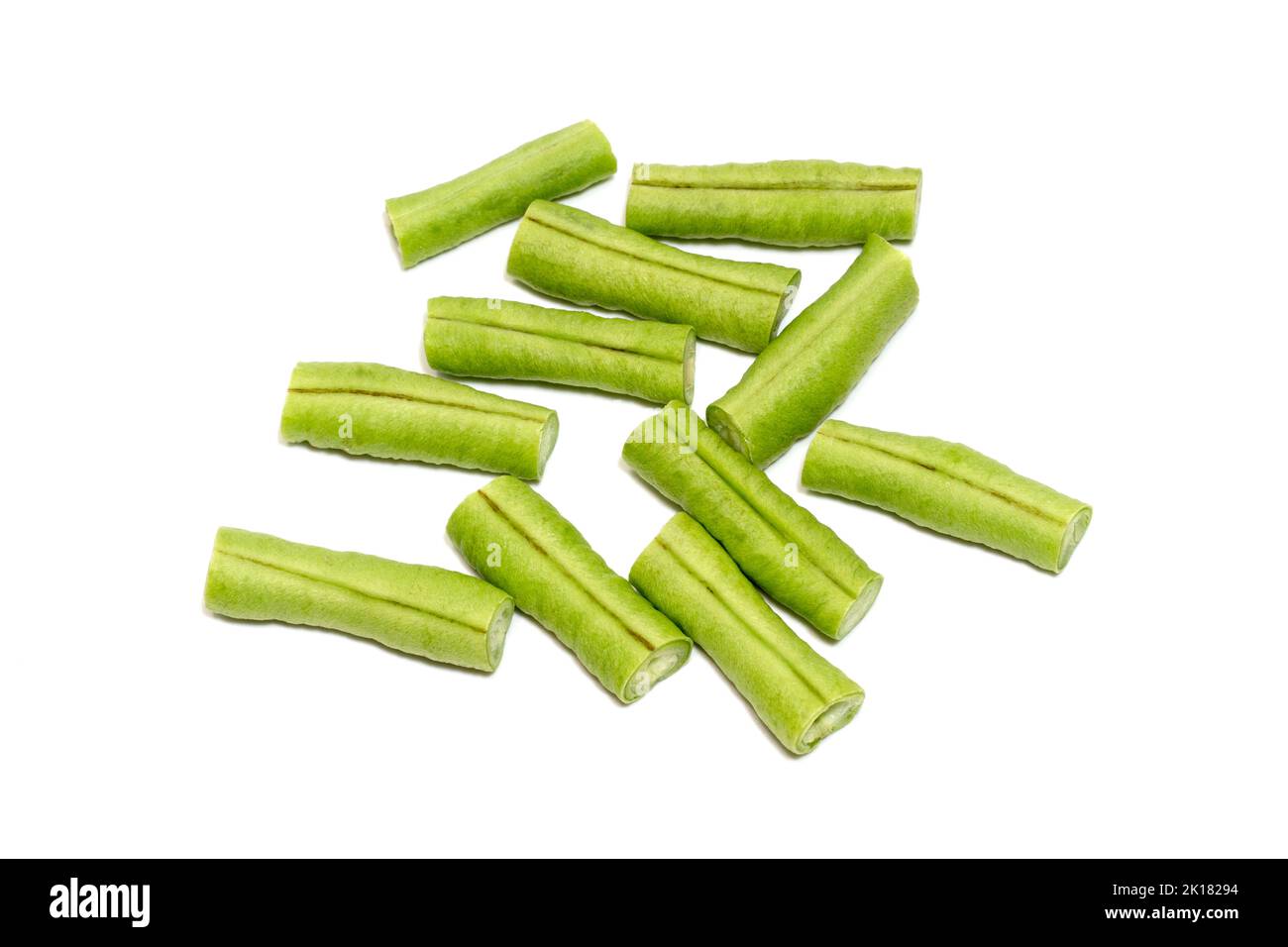 small pieces of young yard long beans cut, isolated on a white ...