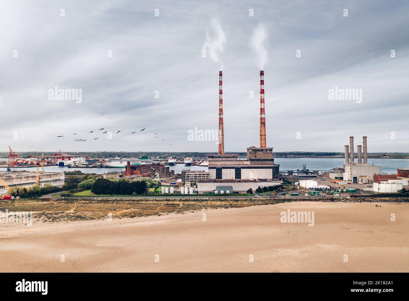 Aerial view of Poolbeg towers on a cloudy summer day.The thermal ...