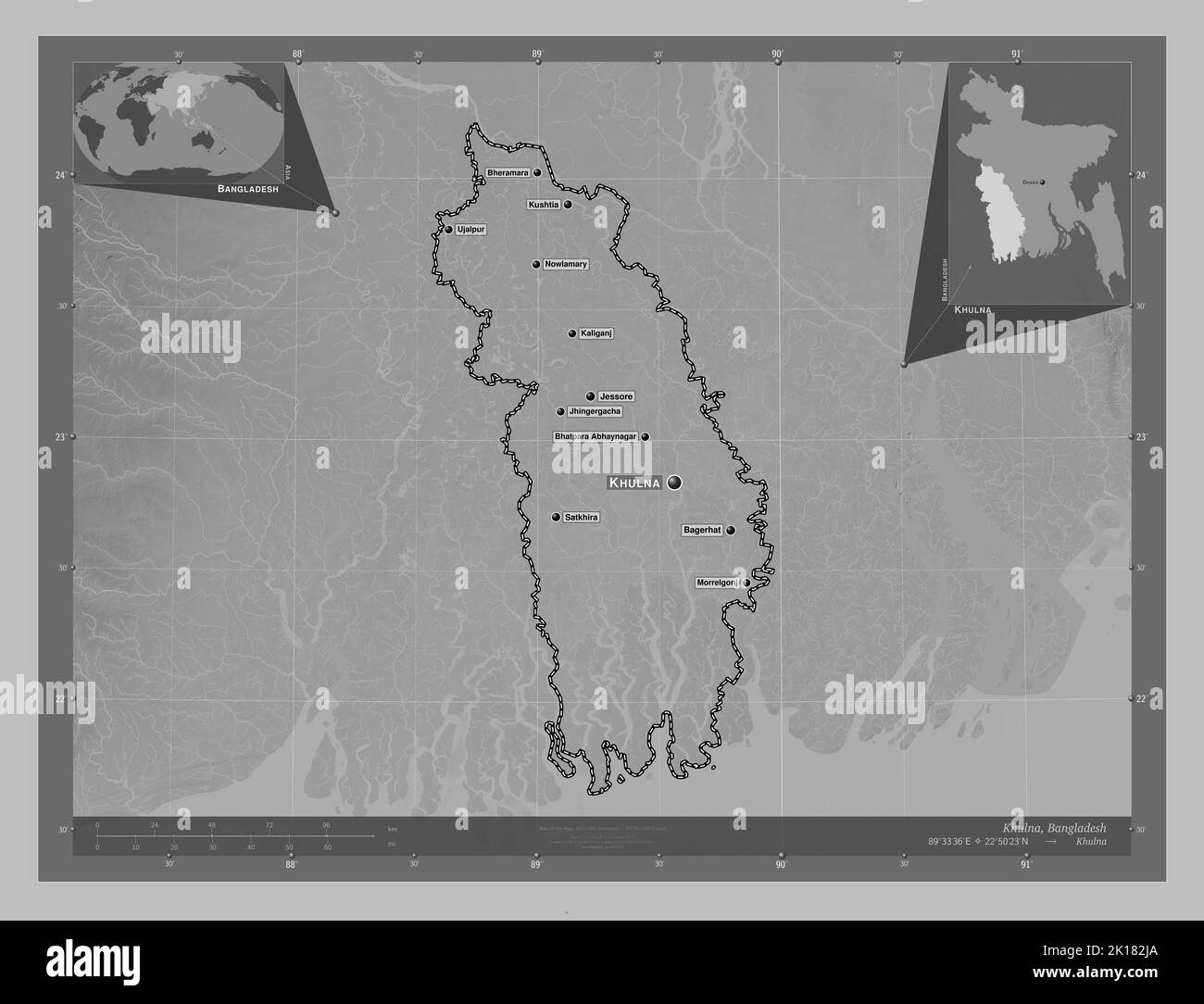 Khulna, division of Bangladesh. Grayscale elevation map with lakes and ...