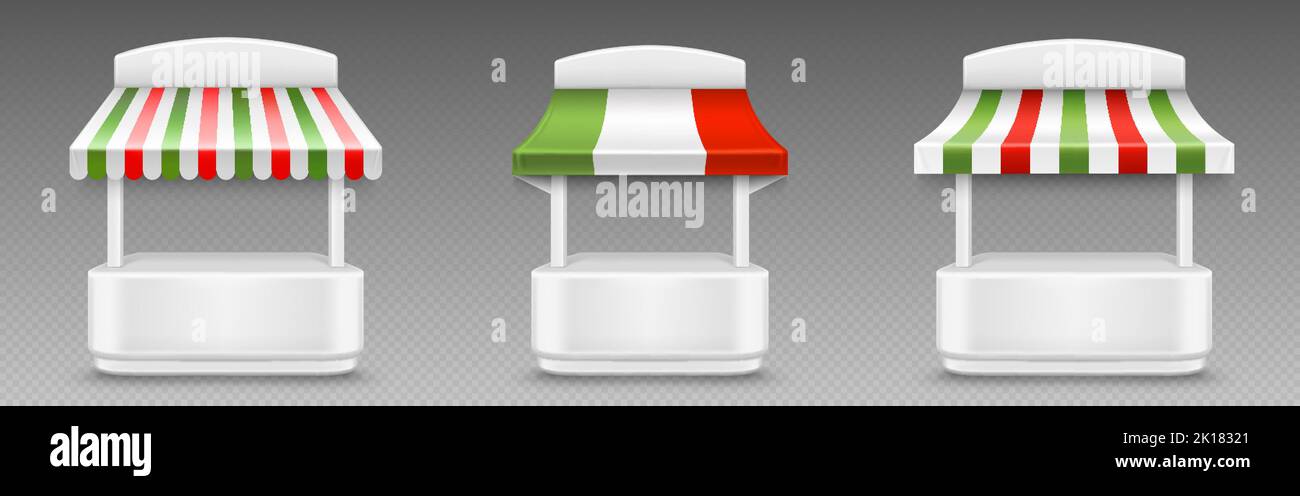 Market stalls with awning with red and green stripes. Summer street ...