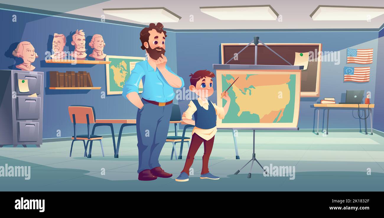 Teacher and schoolboy at geography lesson cartoon illustration. Vector ...