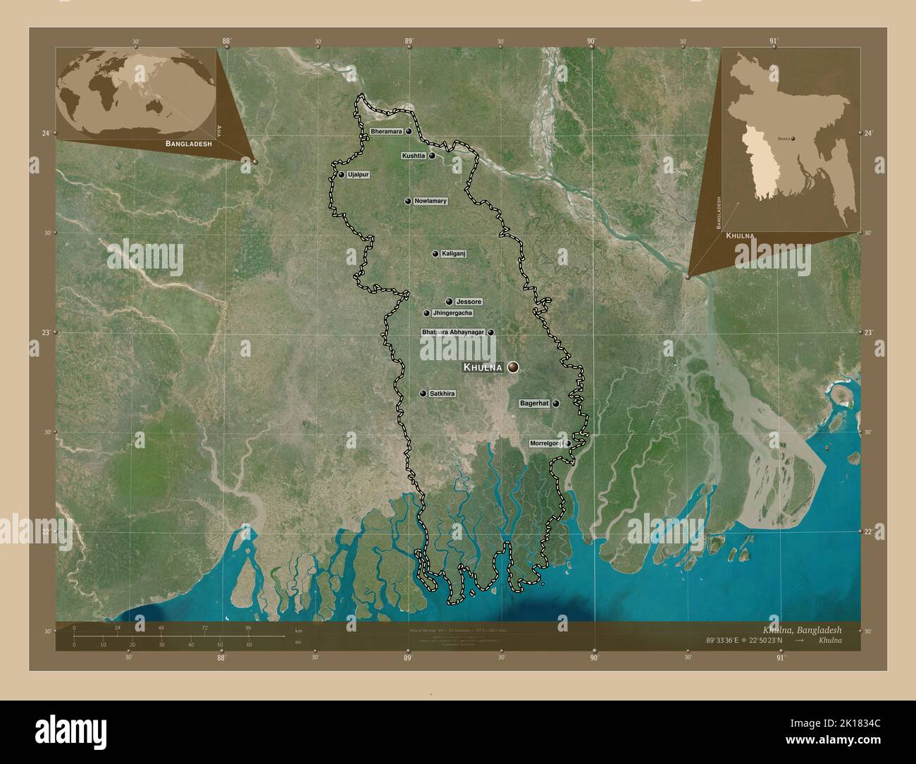 Khulna, division of Bangladesh. Low resolution satellite map. Locations ...