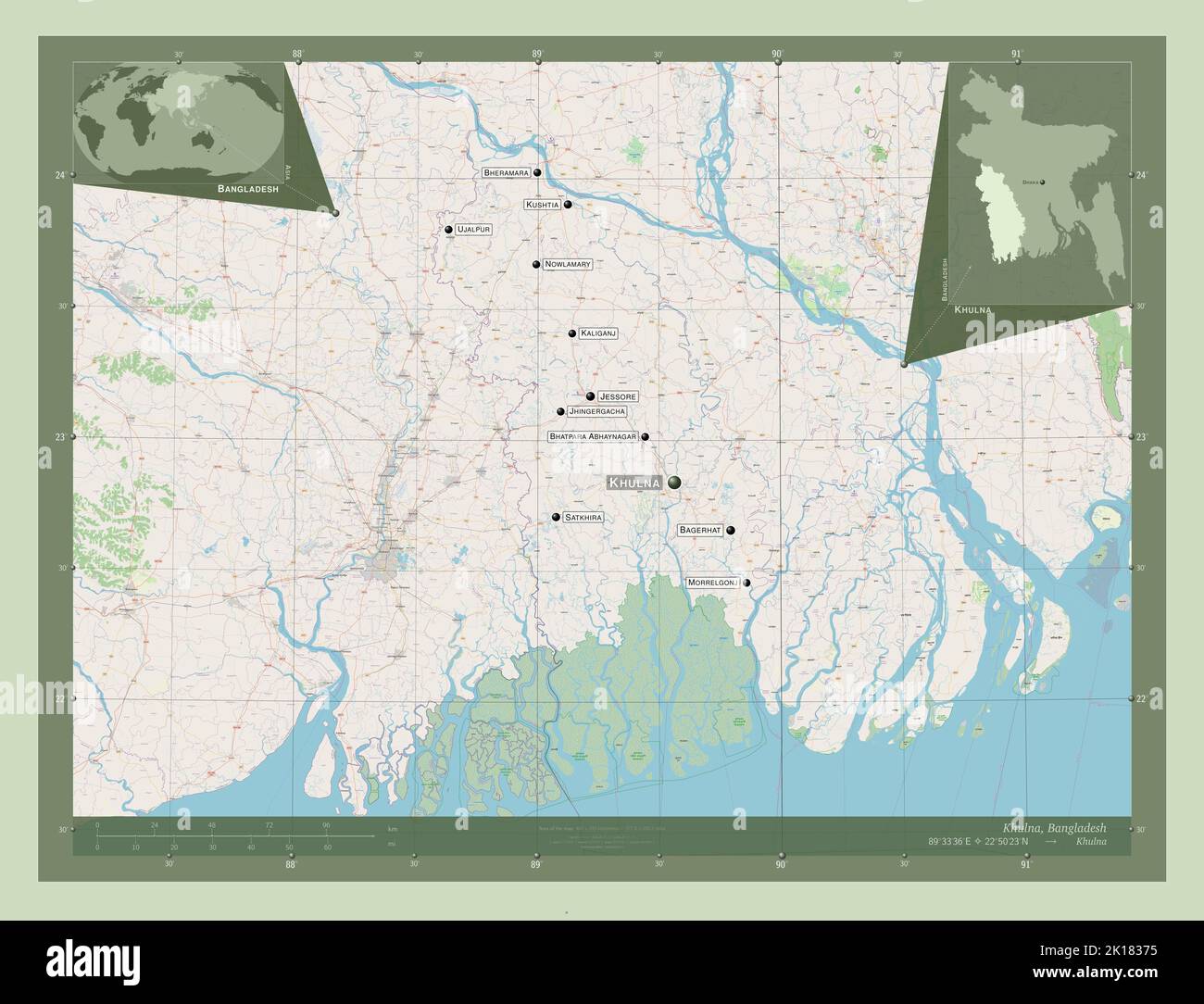 Khulna, division of Bangladesh. Open Street Map. Locations and names of ...