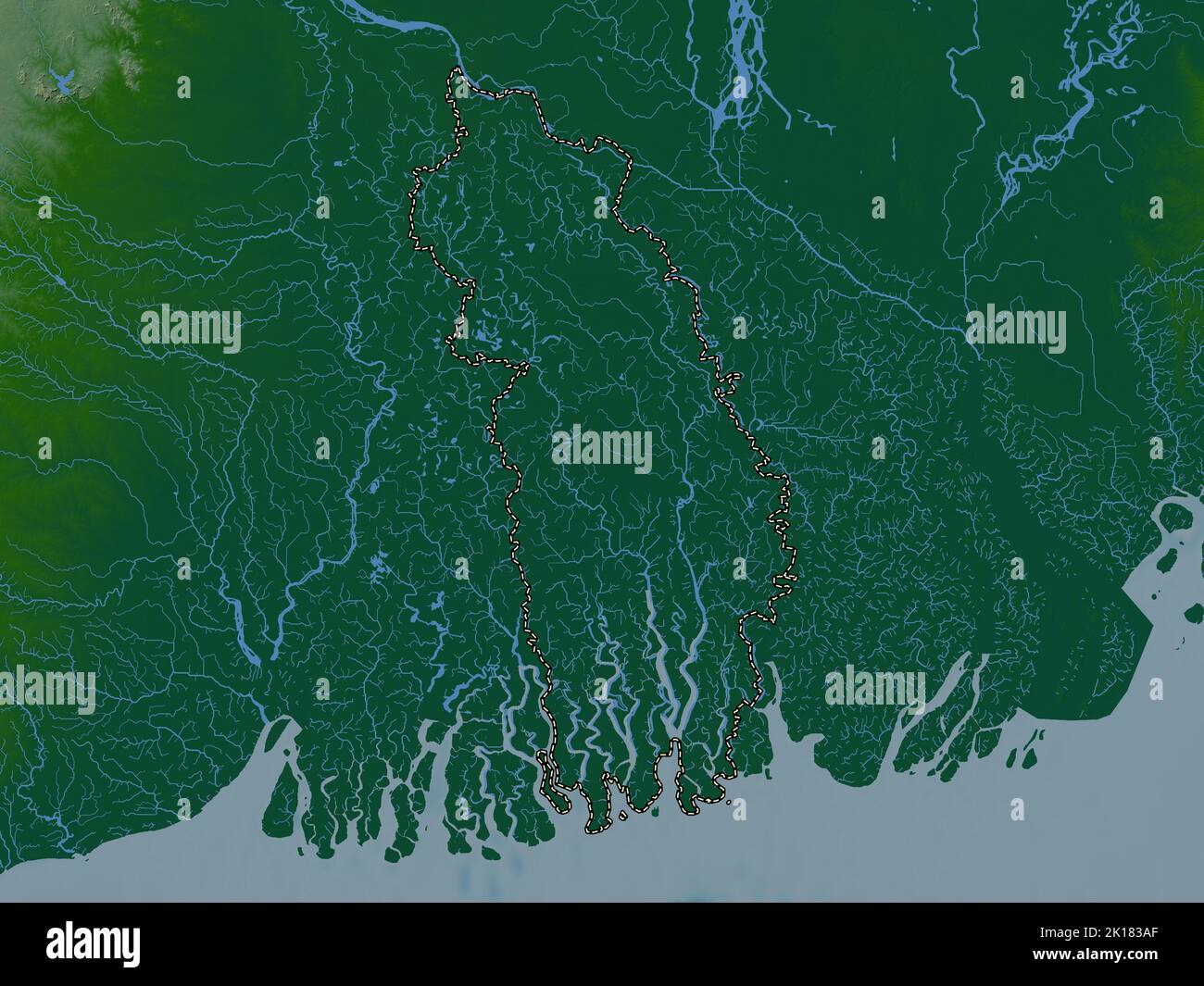 Khulna, division of Bangladesh. Colored elevation map with lakes and ...