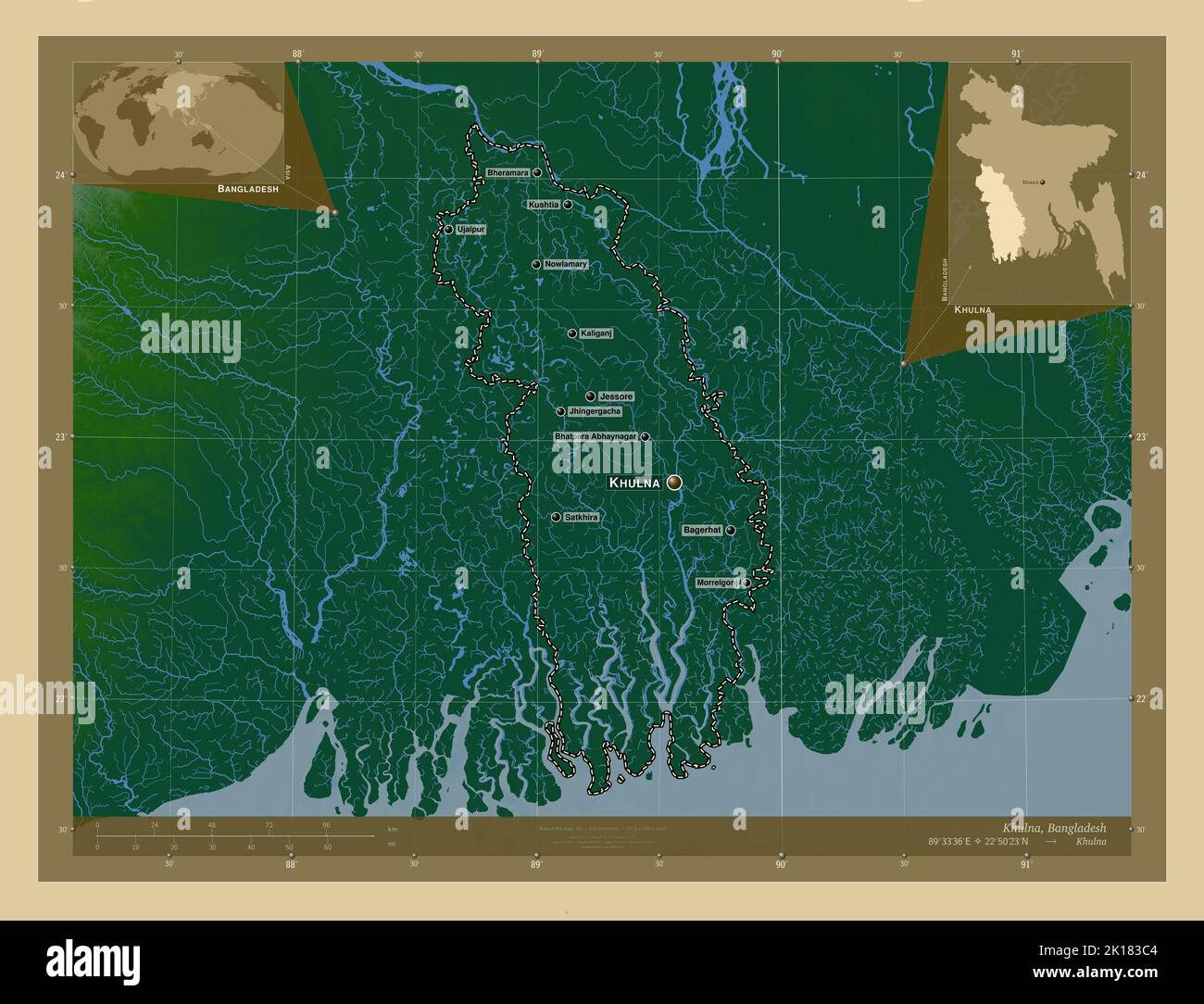 Khulna, division of Bangladesh. Colored elevation map with lakes and ...