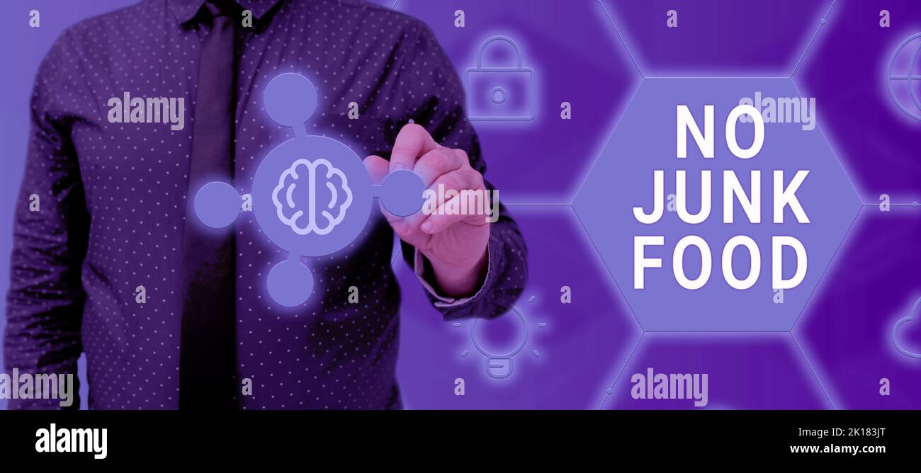 Hand writing sign No Junk Food. Business concept Stop eating unhealthy ...