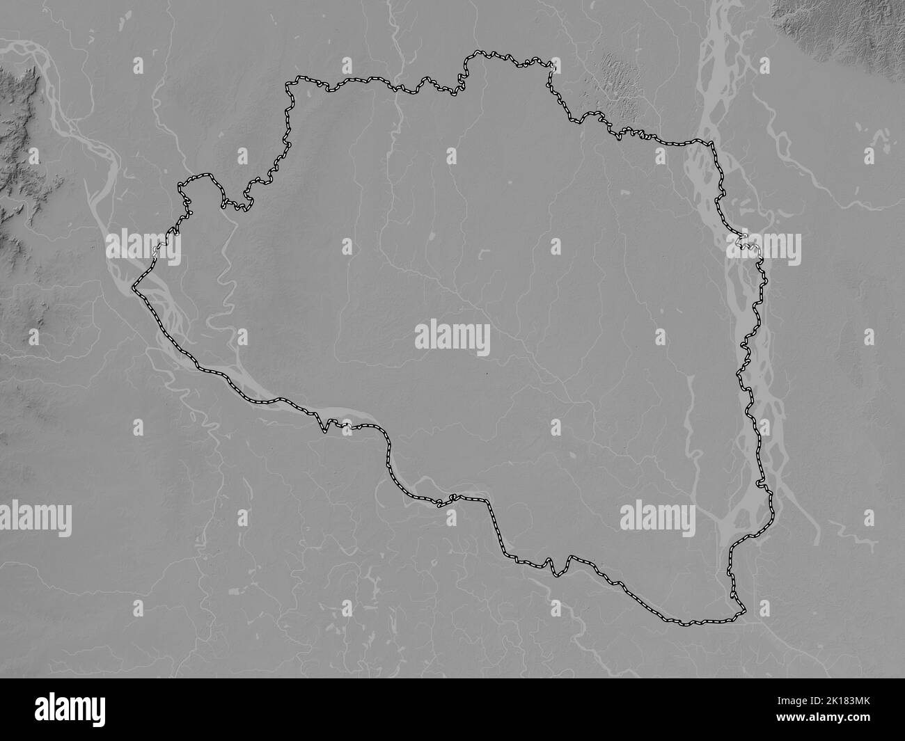 Rajshahi, division of Bangladesh. Grayscale elevation map with lakes ...