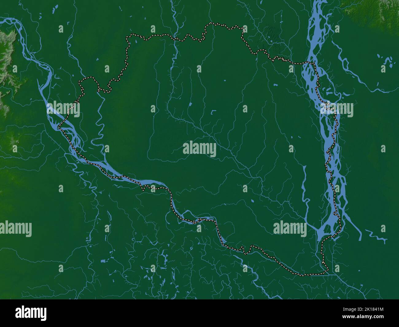 Rajshahi, division of Bangladesh. Colored elevation map with lakes and ...