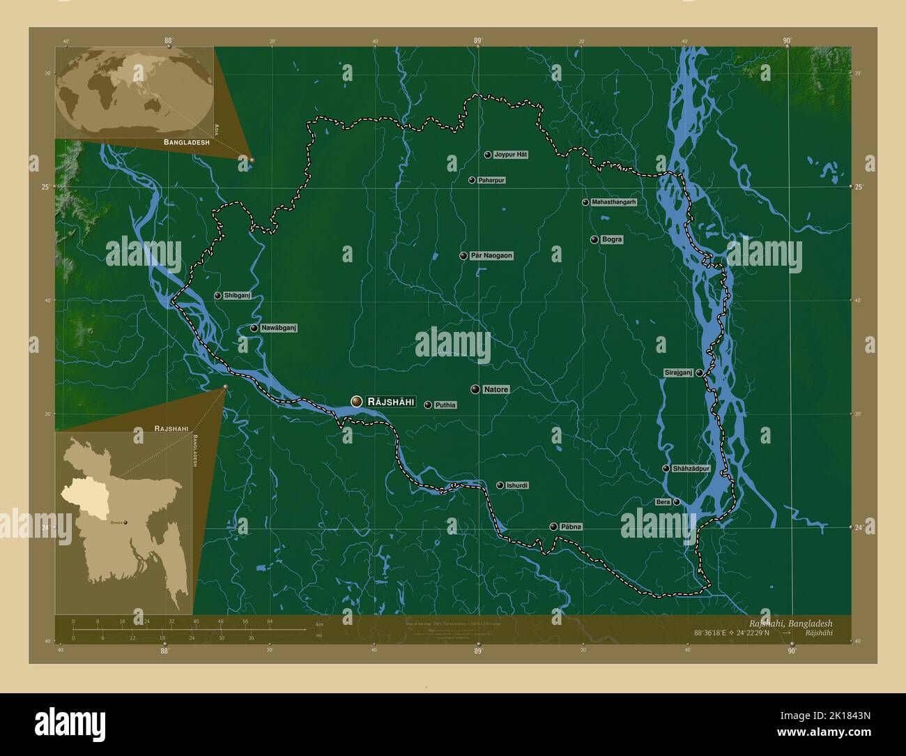Rajshahi, division of Bangladesh. Colored elevation map with lakes and ...