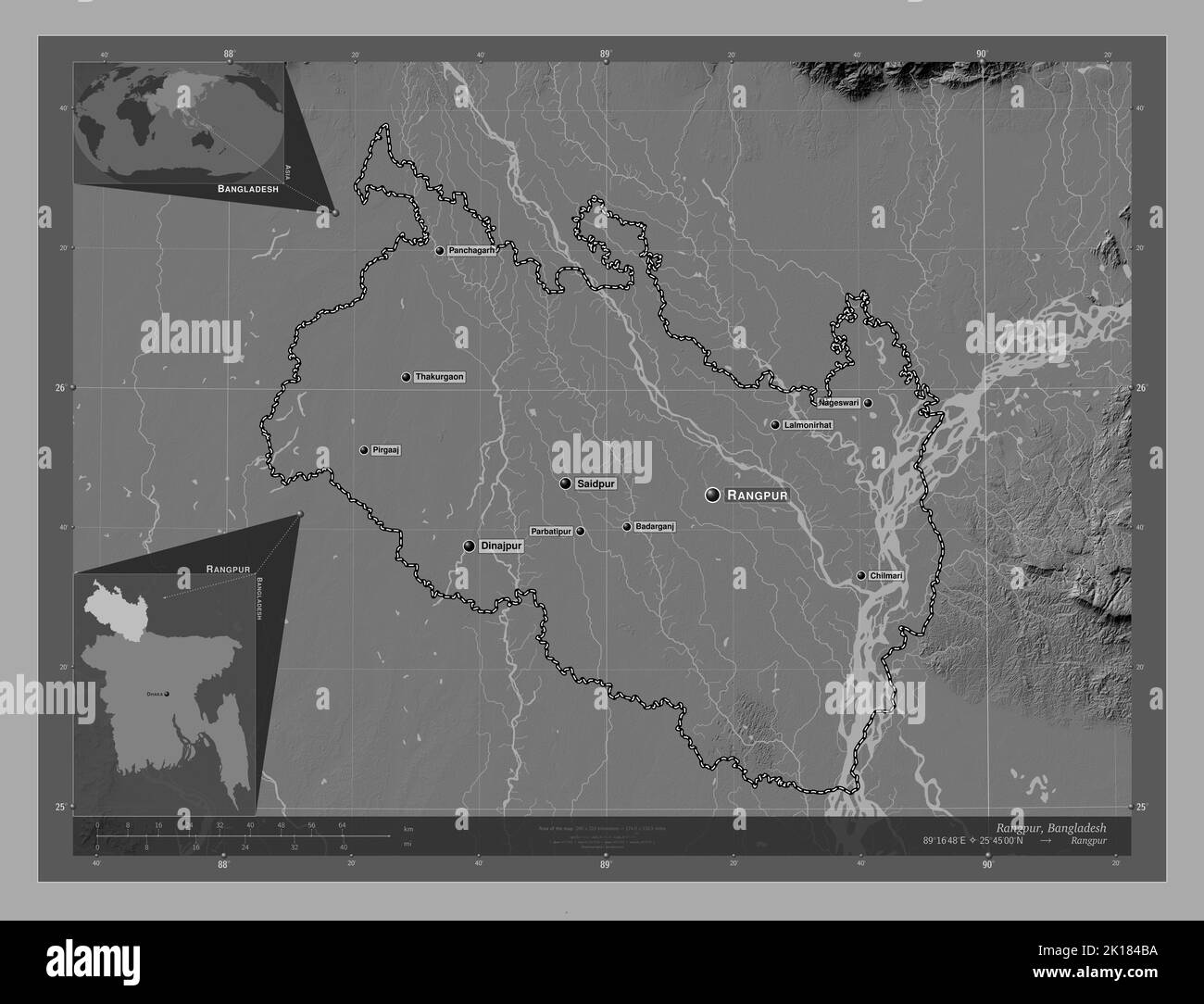 Rangpur, division of Bangladesh. Bilevel elevation map with lakes and ...