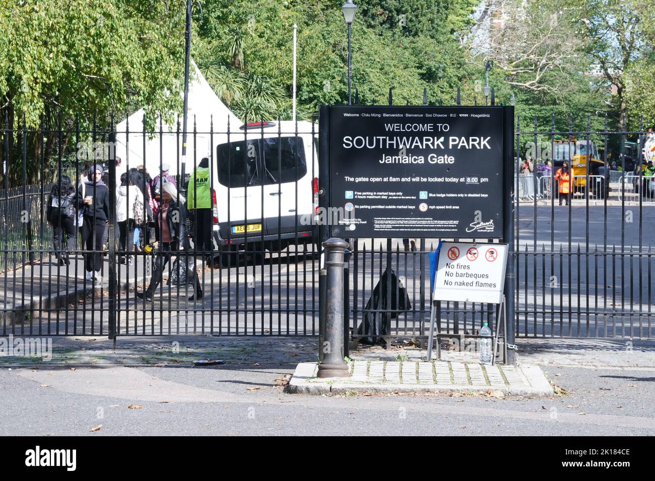 Signage at Southwark Park in London where members of the public are ...