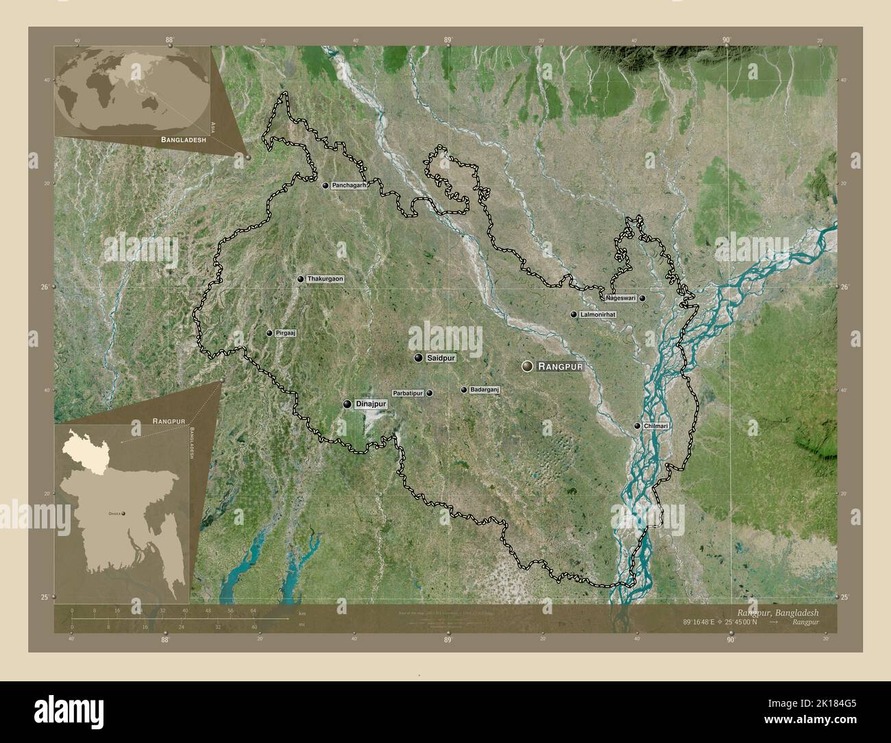 Rangpur, division of Bangladesh. High resolution satellite map. Locations and names of major ...