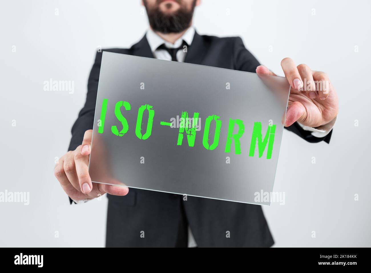 Hand writing sign Iso Norm. Business idea An accepted standard or a way ...