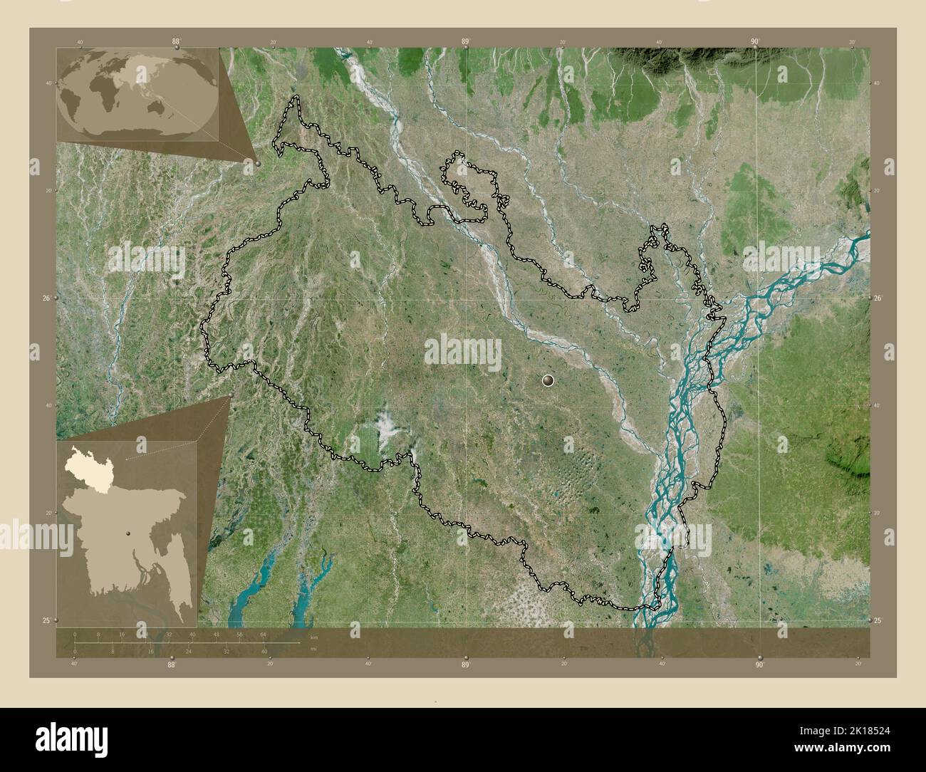 Rangpur, division of Bangladesh. High resolution satellite map. Corner auxiliary location maps ...