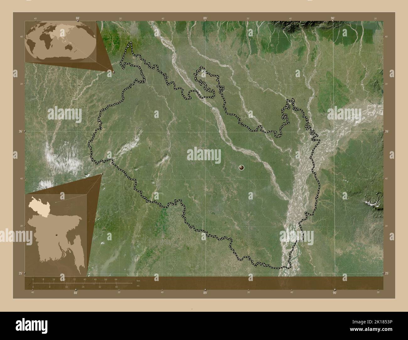 Rangpur, division of Bangladesh. Low resolution satellite map. Corner ...