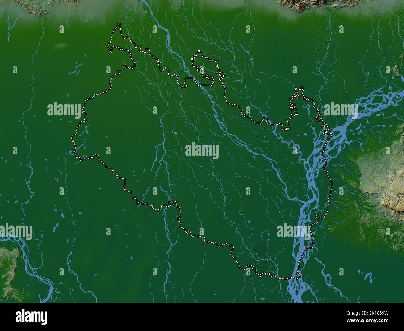 Rangpur, division of Bangladesh. Colored elevation map with lakes and ...