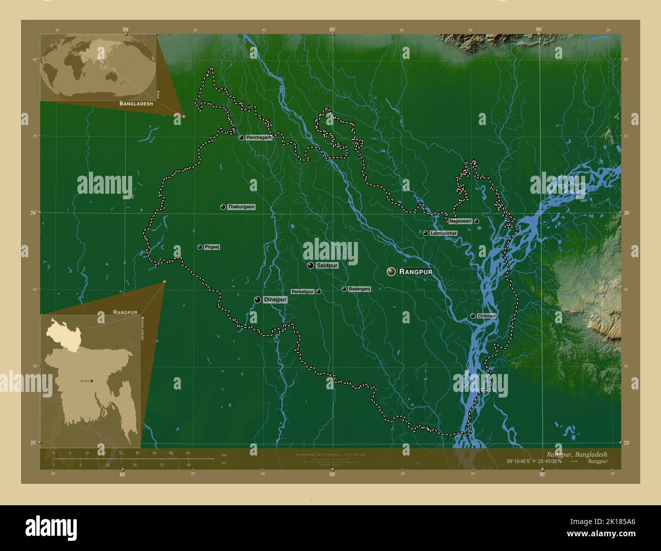 Rangpur, division of Bangladesh. Colored elevation map with lakes and ...