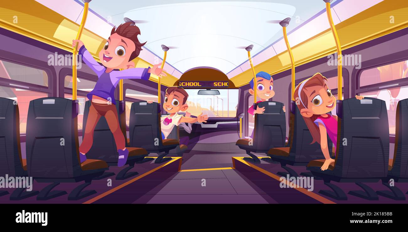 Happy children in school bus inside. Passenger cabin interior of ...
