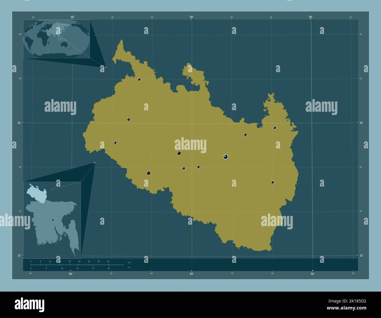 Rangpur, division of Bangladesh. Solid color shape. Locations of major cities of the region ...