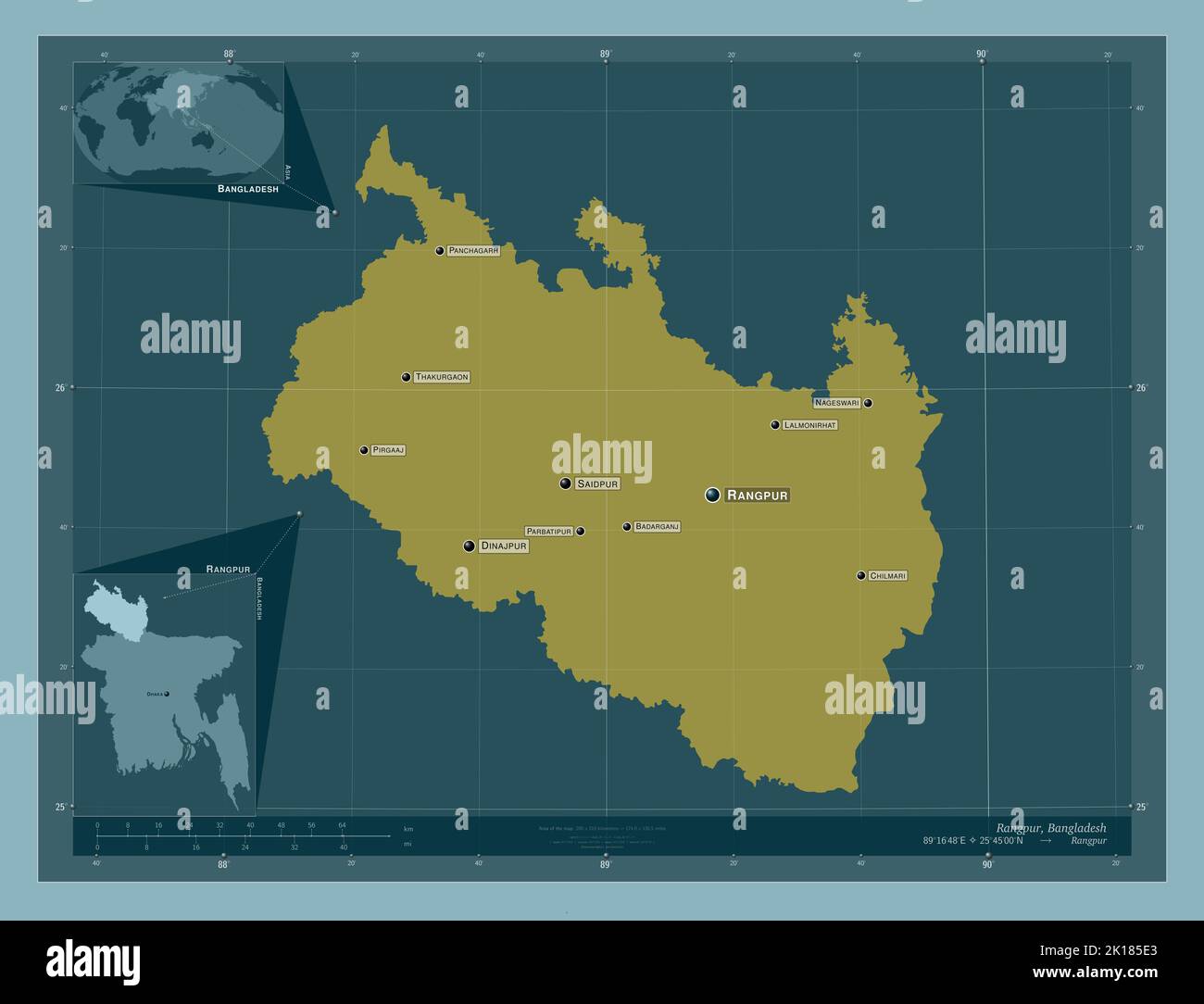Rangpur, division of Bangladesh. Solid color shape. Locations and names ...