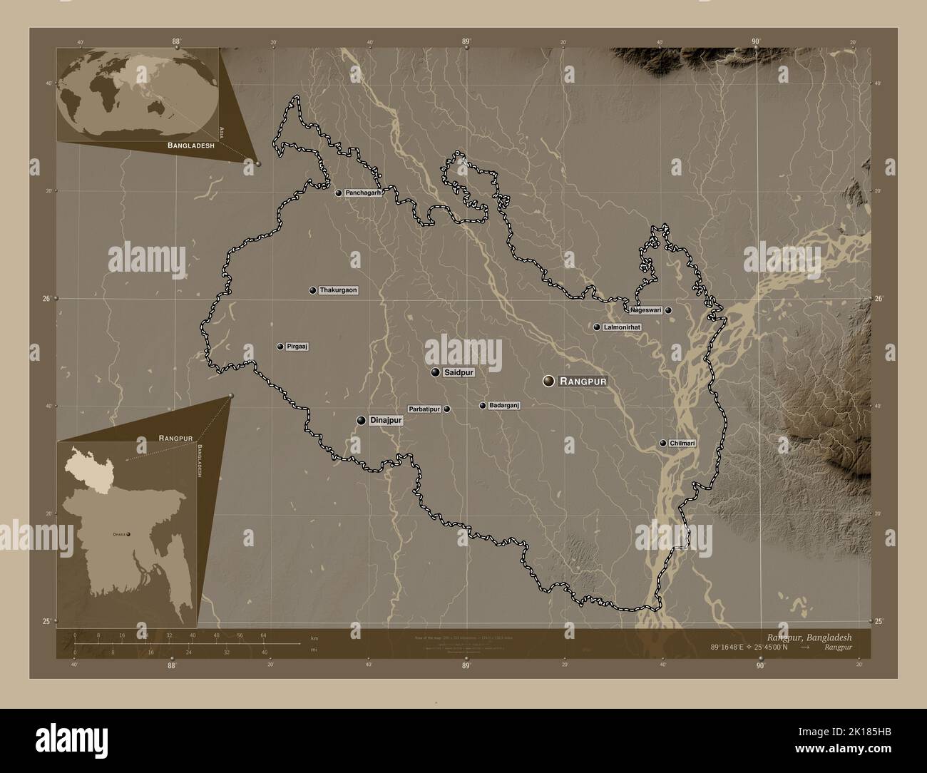 Rangpur, division of Bangladesh. Elevation map colored in sepia tones ...