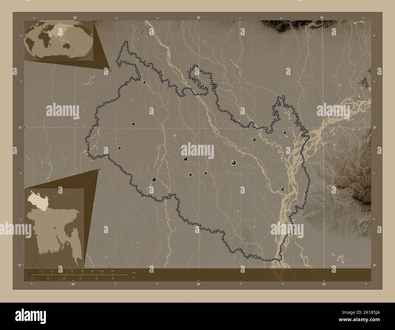 Rangpur, division of Bangladesh. Elevation map colored in sepia tones ...