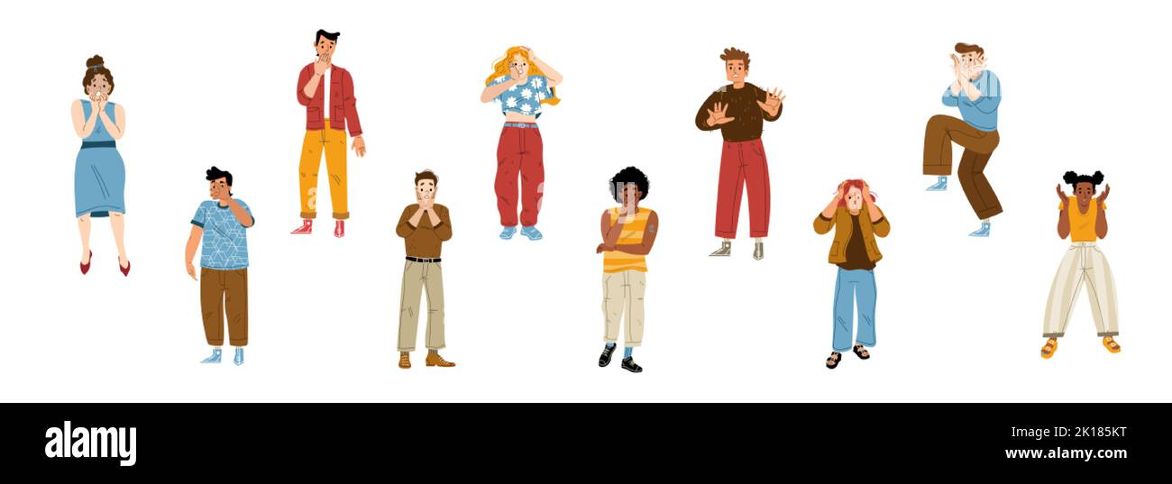 Afraid, scared people in shock, panic and stress. Diverse persons with ...