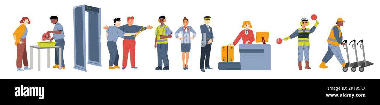 Airport staff, airline crew with pilot and stewardess, security and ...