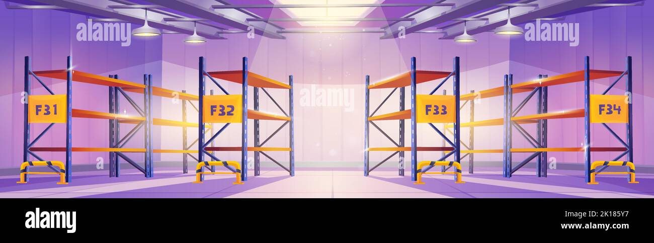 Empty warehouse interior with metal racks. Storage room in factory ...